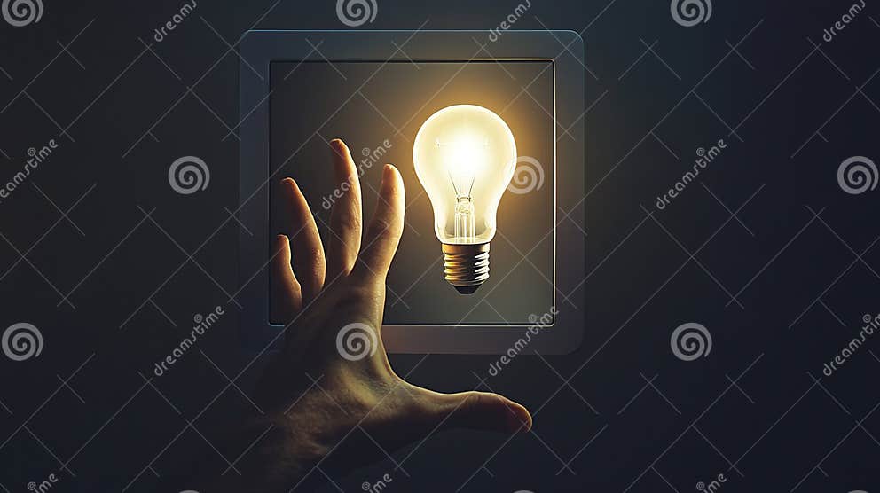 Hand Reaching for Glowing Lightbulb on Screen Stock Illustration ...