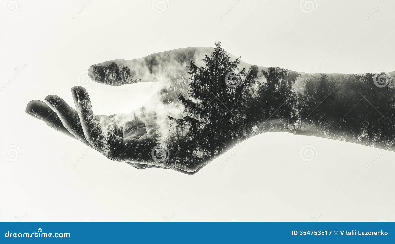 Hand Reaching Light with Nature Elements in Double Exposure Technique ...