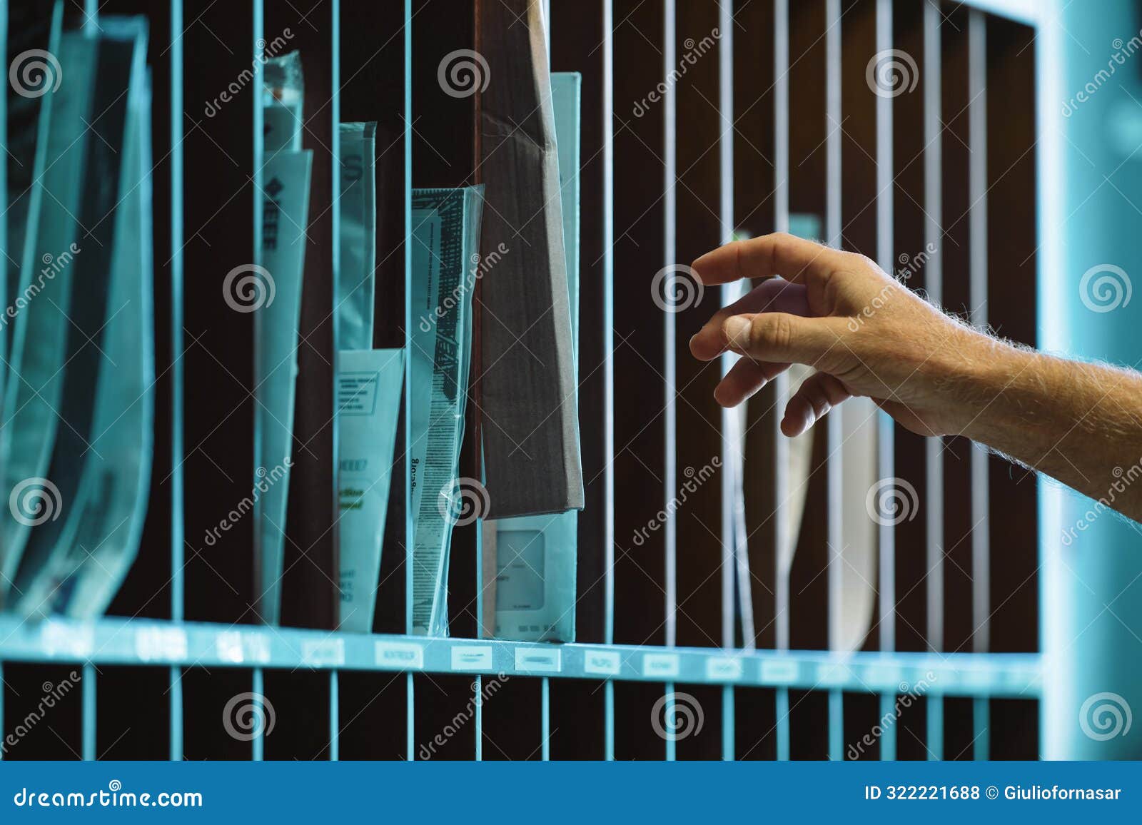 Hand Reaching into Organized Mail Sorting Shelf Stock Photo - Image of ...