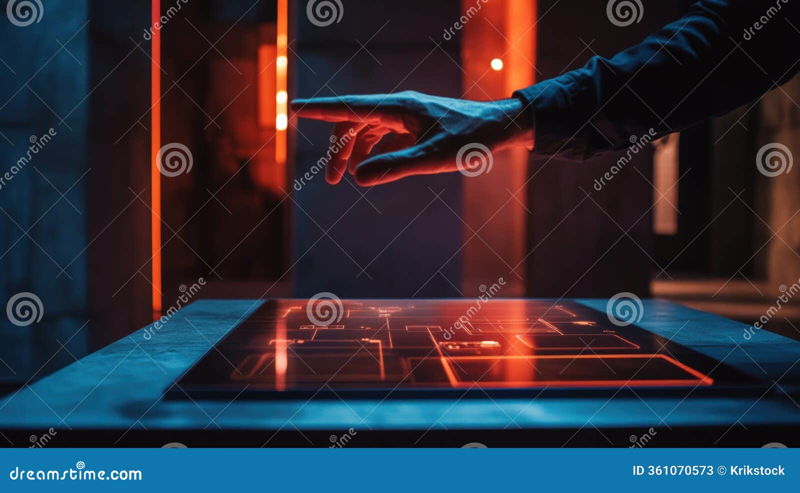 A Hand Reaching Out To Interact with a Glowing Red Touchscreen in a ...