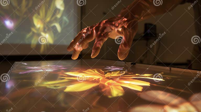 A Hand Reaching Out To Touch Virtual Objects Projected Onto a Table in ...