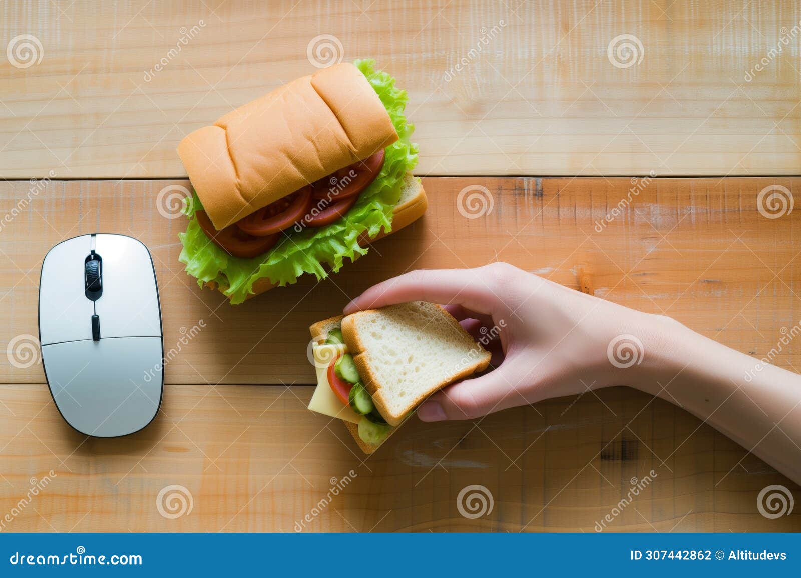 Hand Reaching for a Sandwich beside a Computer Mouse Stock Photo ...