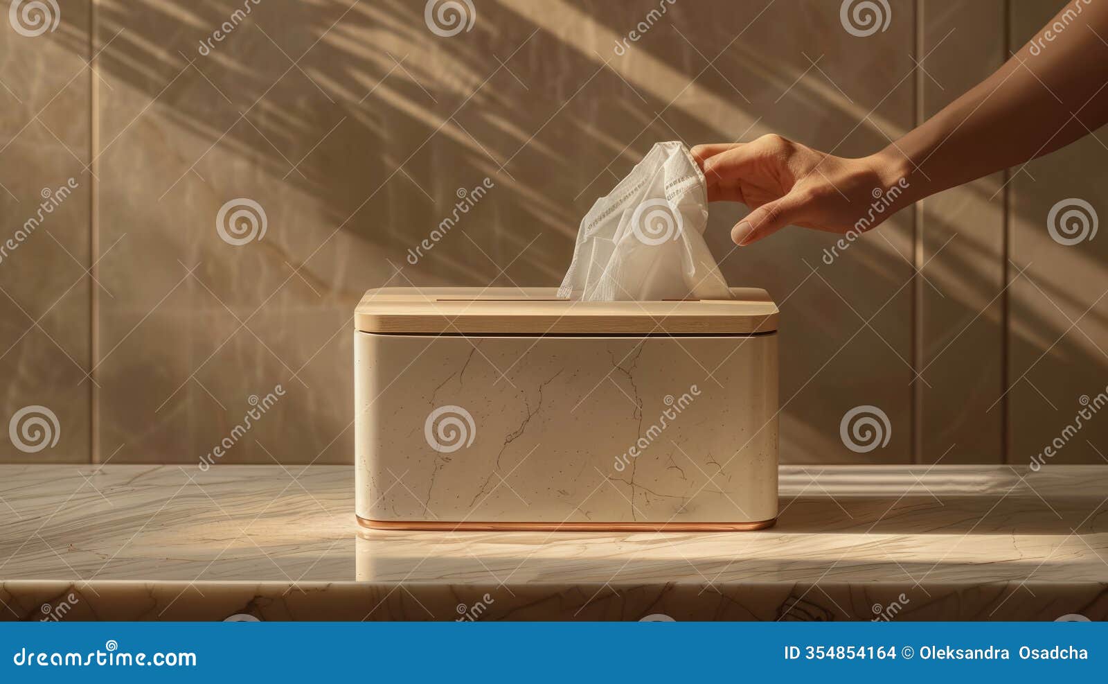 A Hand Reaching for a Tissue Box on a Countertop. Stock Photo - Image ...