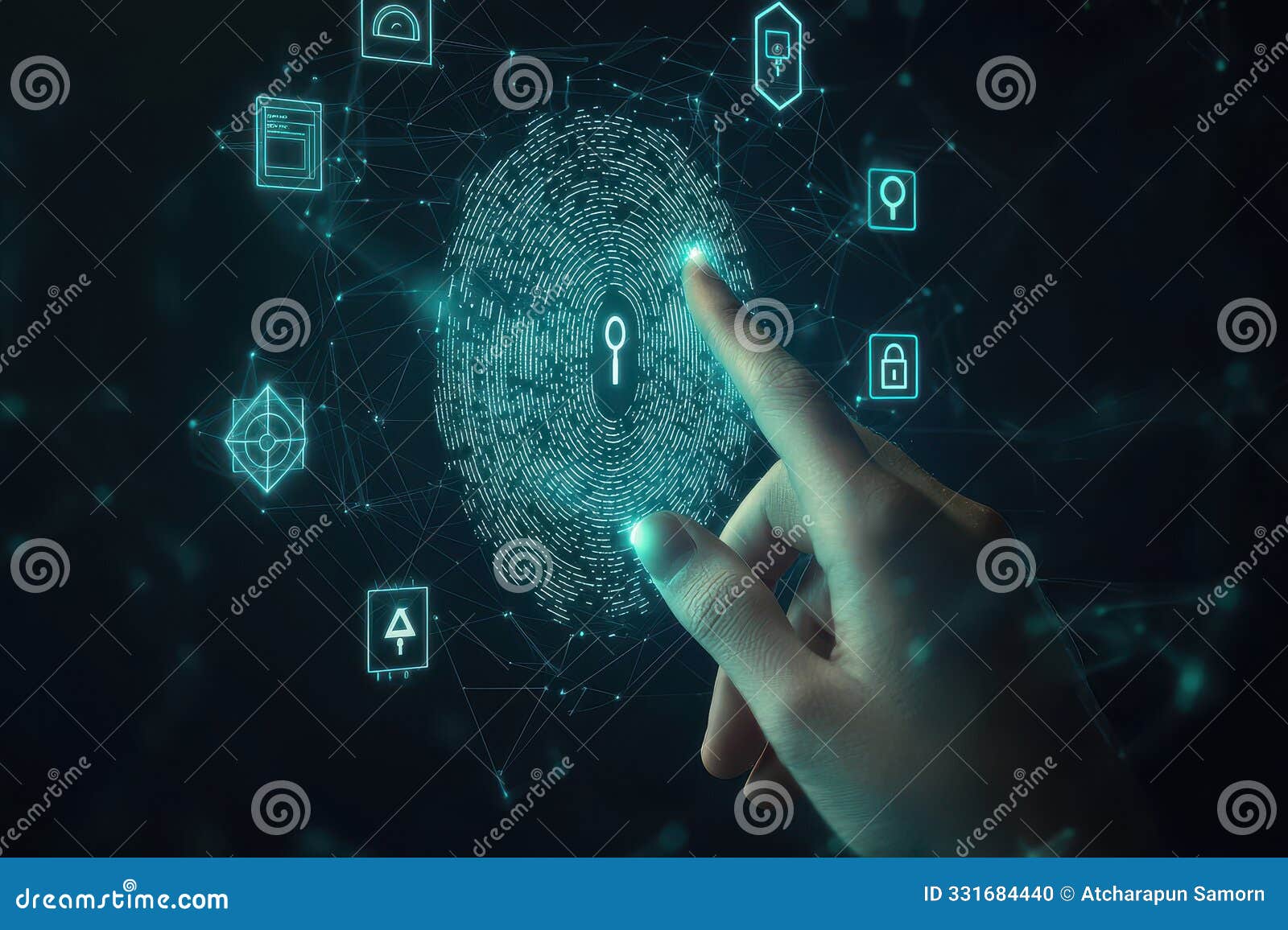 A Hand Reaching Towards a Central Interface Shaped Like a Fingerprint ...