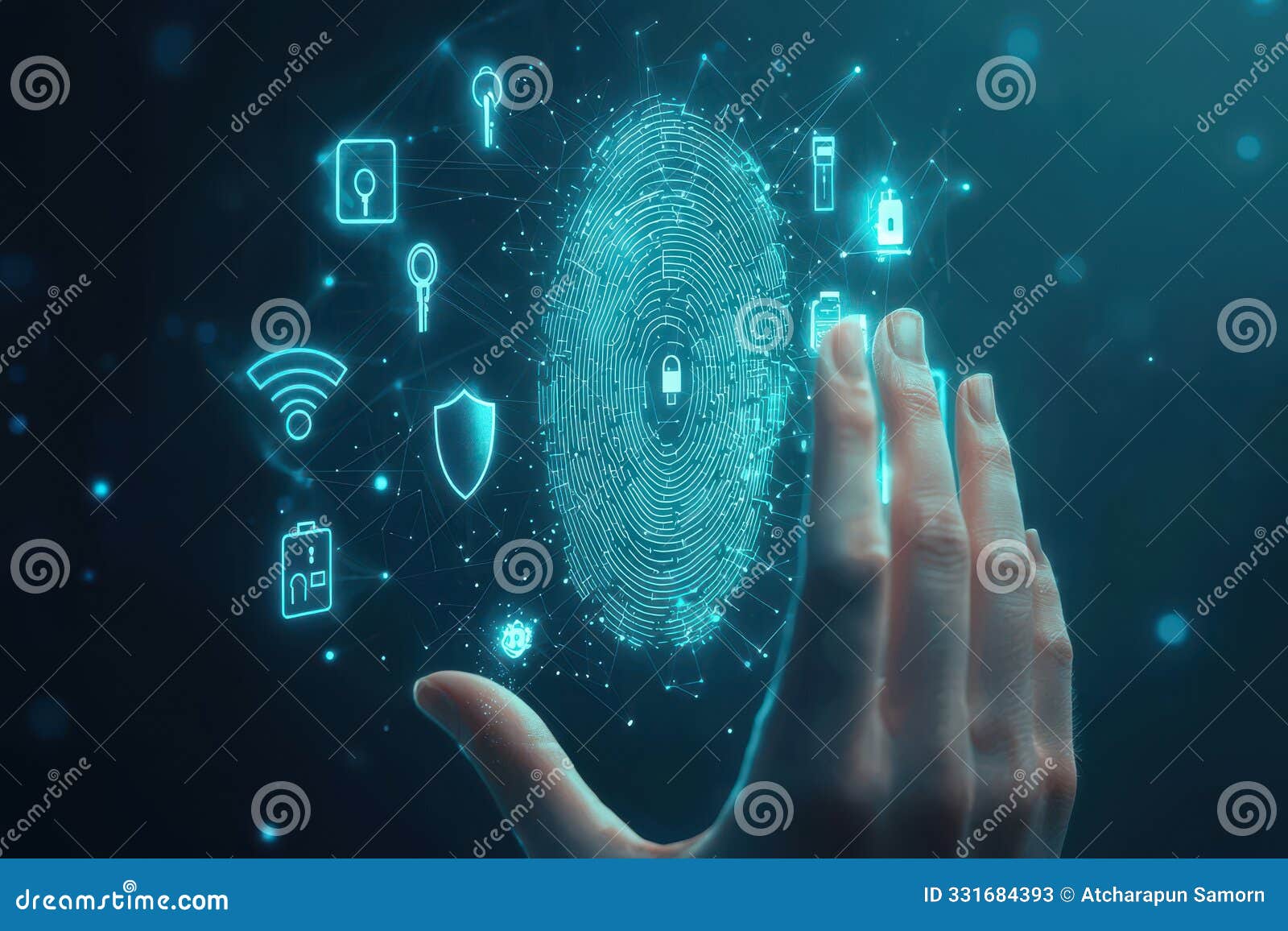 A Hand Reaching Towards a Central Interface Shaped Like a Fingerprint ...