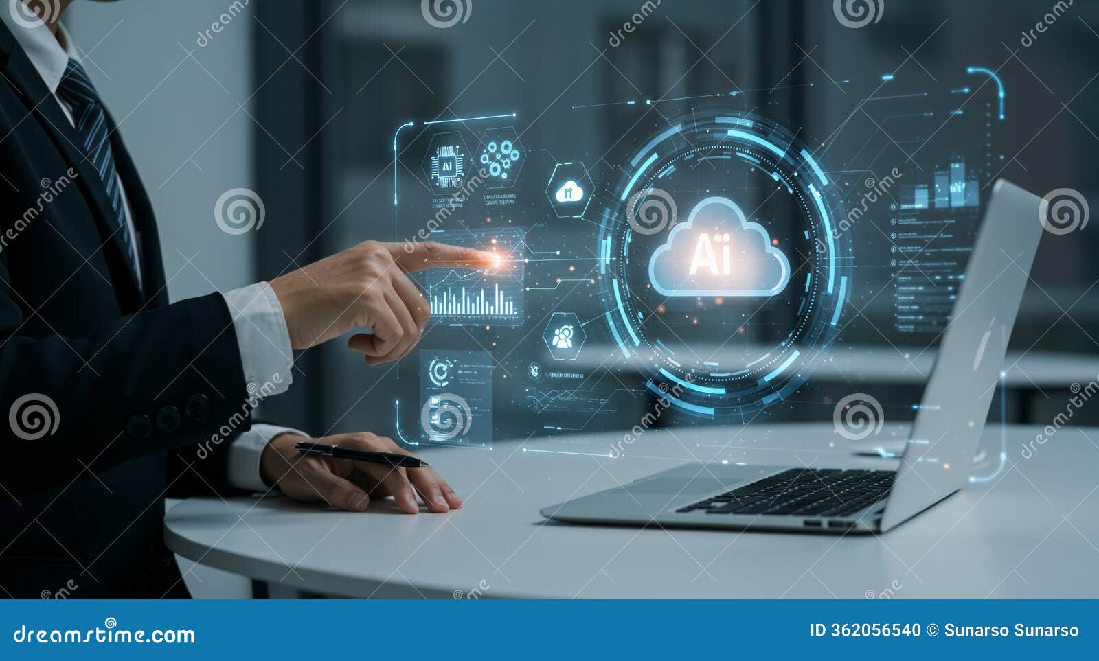 Hand Reaching Towards Holographic AI Cloud Icon with Data Graphics in ...