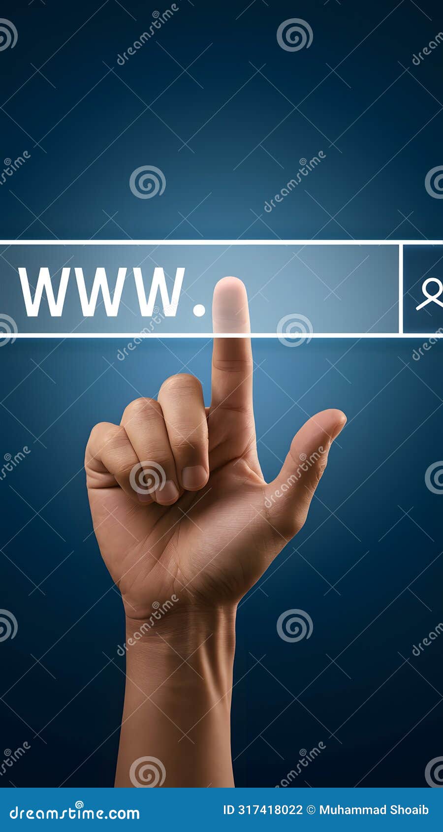 Hand Reaching Towards Virtual Search Bar on Blue Background ...