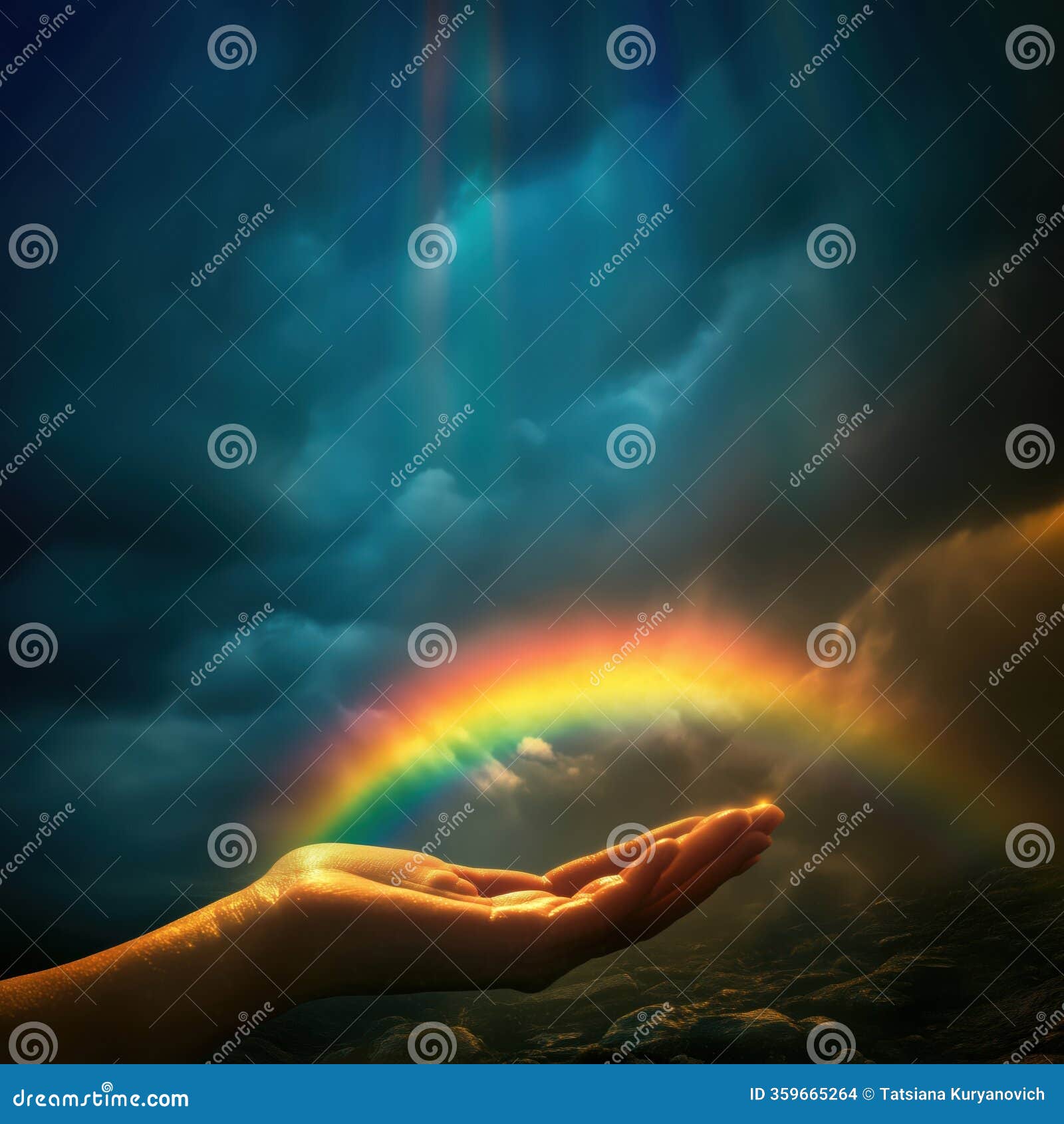 Hand Reaching for Vibrant Rainbow Against Dramatic Sky with Clouds and ...