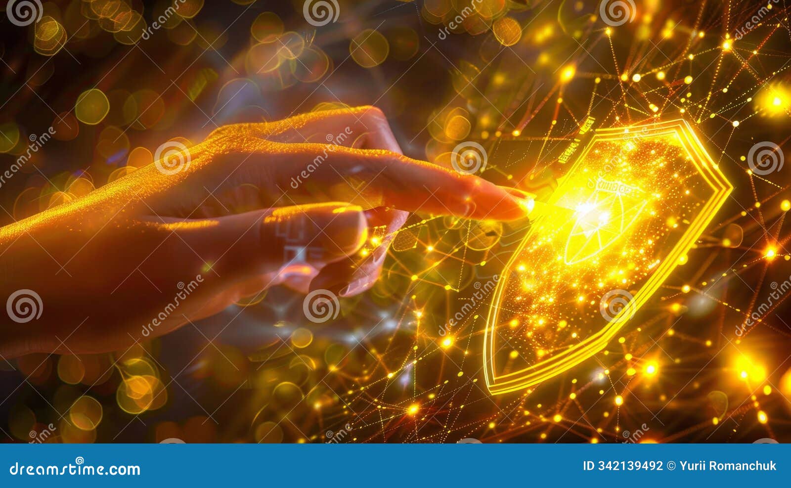 Hand Reaching for a Virtual Cybersecurity Shield on a Sleek Digital ...