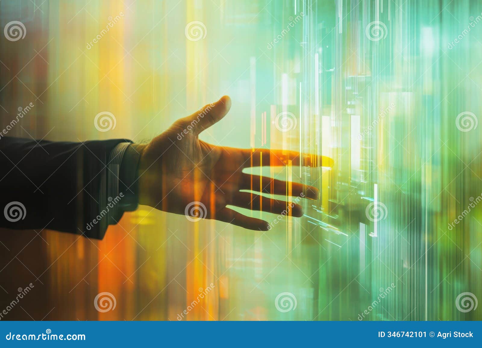 Hand Reaching through a Wall of Vertical Lines and Digital Glows Stock ...