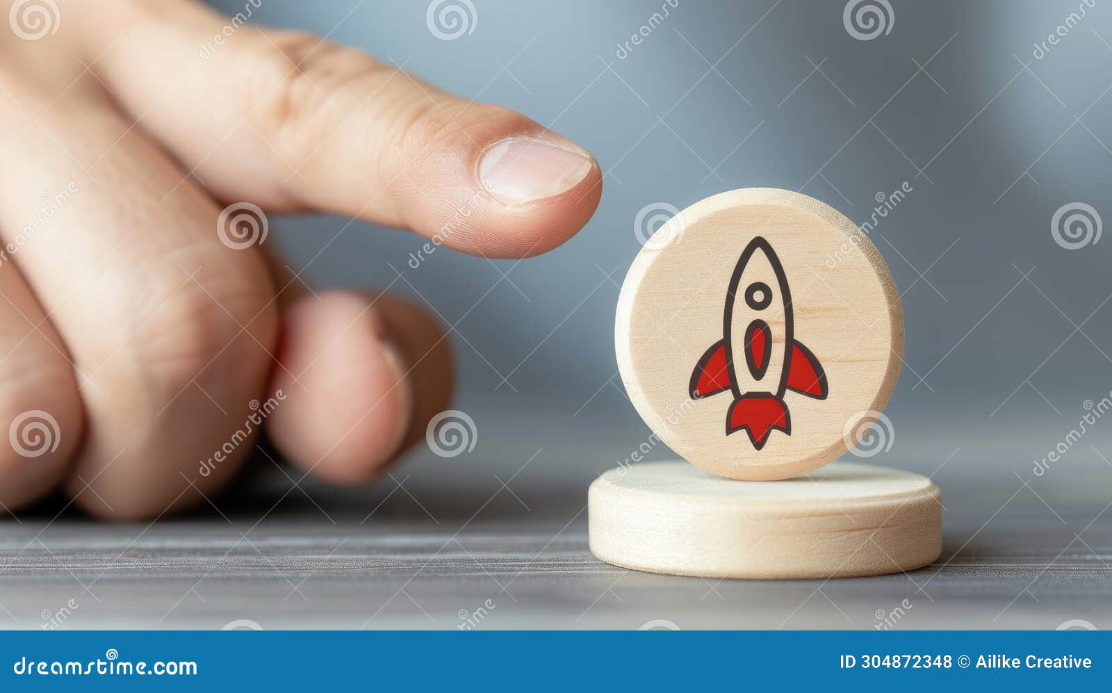 Hand Reaching for Wooden Token with Rocket Icon Stock Illustration ...