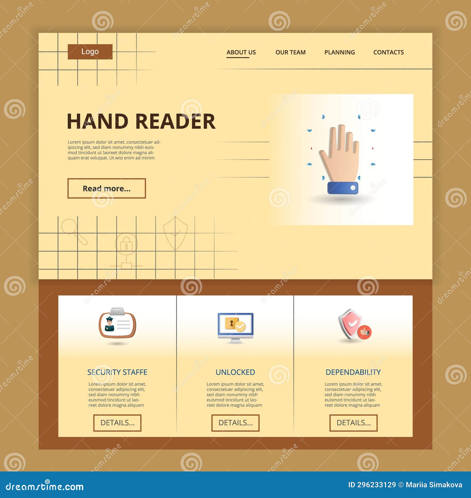 Hand Reader Flat Landing Page Website Template. Security Staff ...