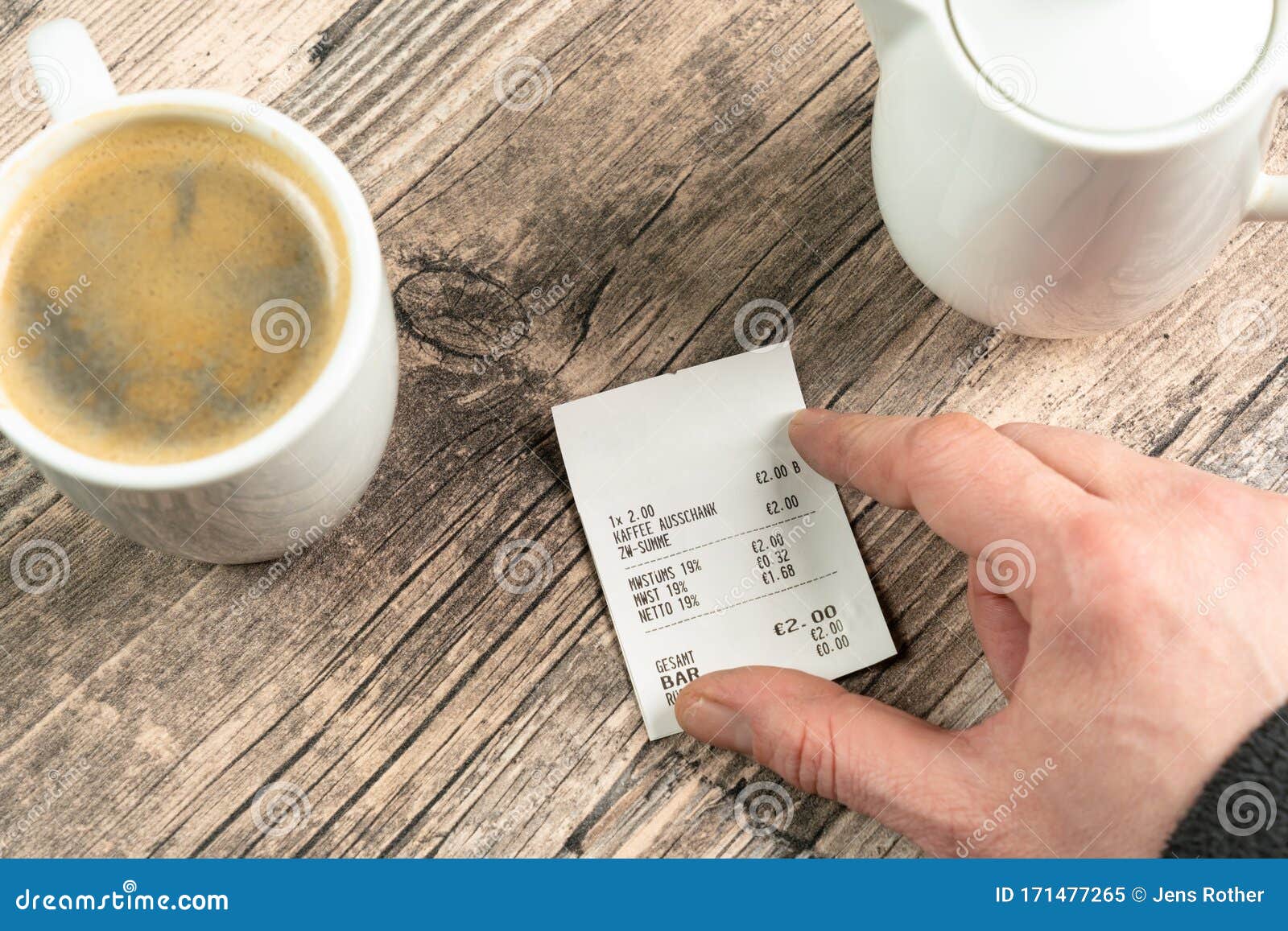 A Hand on a Receipt on a Table with a Cup of Coffee Stock Image - Image ...