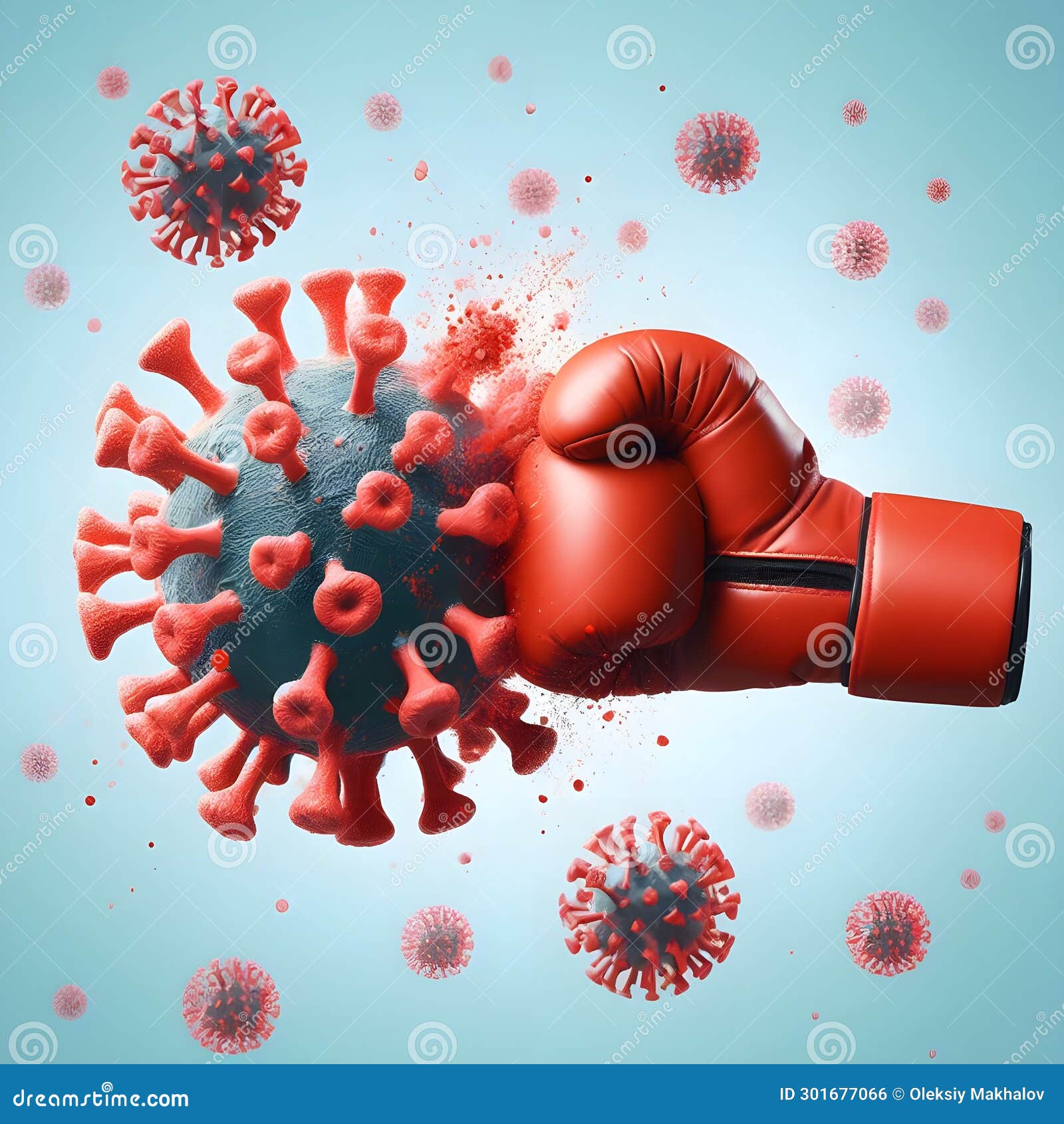 Hand in Red Boxing Glove Kicking Blue Virus on Light Blue Laboratory ...