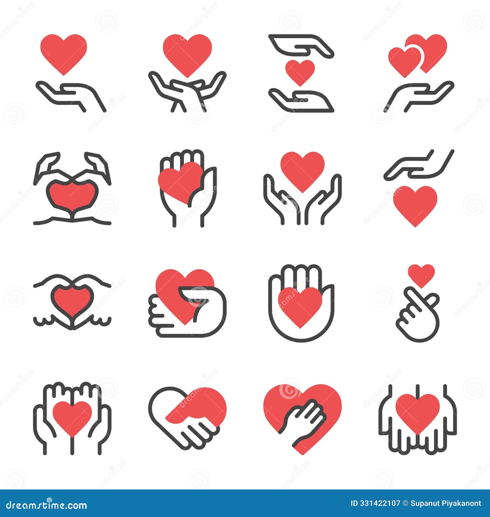Hand with Red Heart Icon Set Stock Illustration - Illustration of love ...