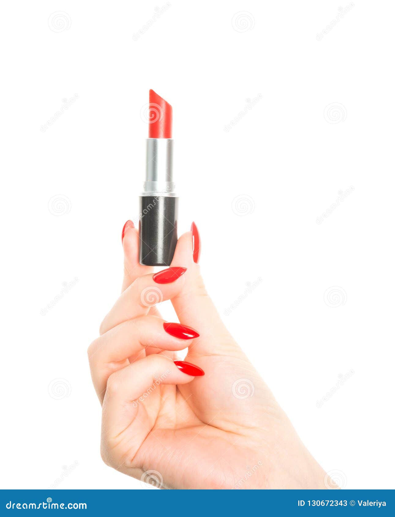 Hand with Red Nails Holding Red Lipstick Stock Image - Image of design ...