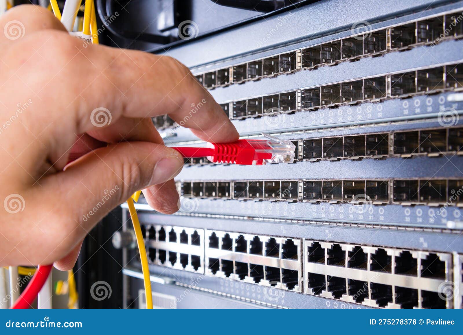 Hand with red patch cable stock photo. Image of digital - 275278378