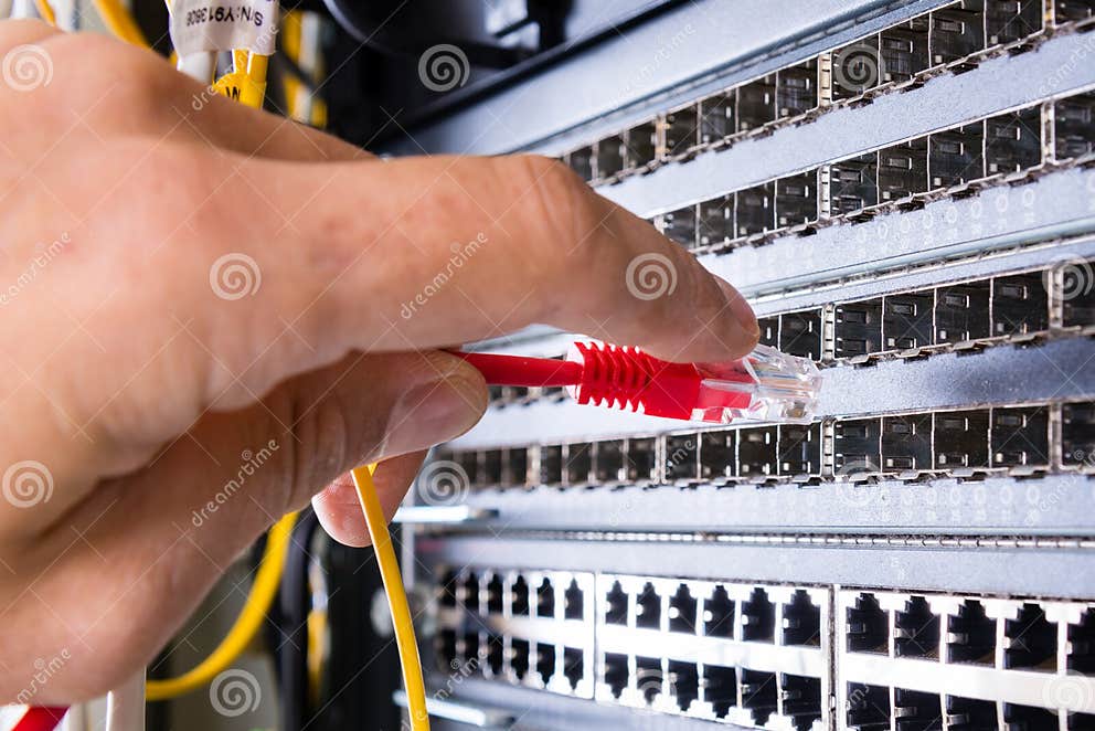 Hand with red patch cable stock photo. Image of inserting - 345846730