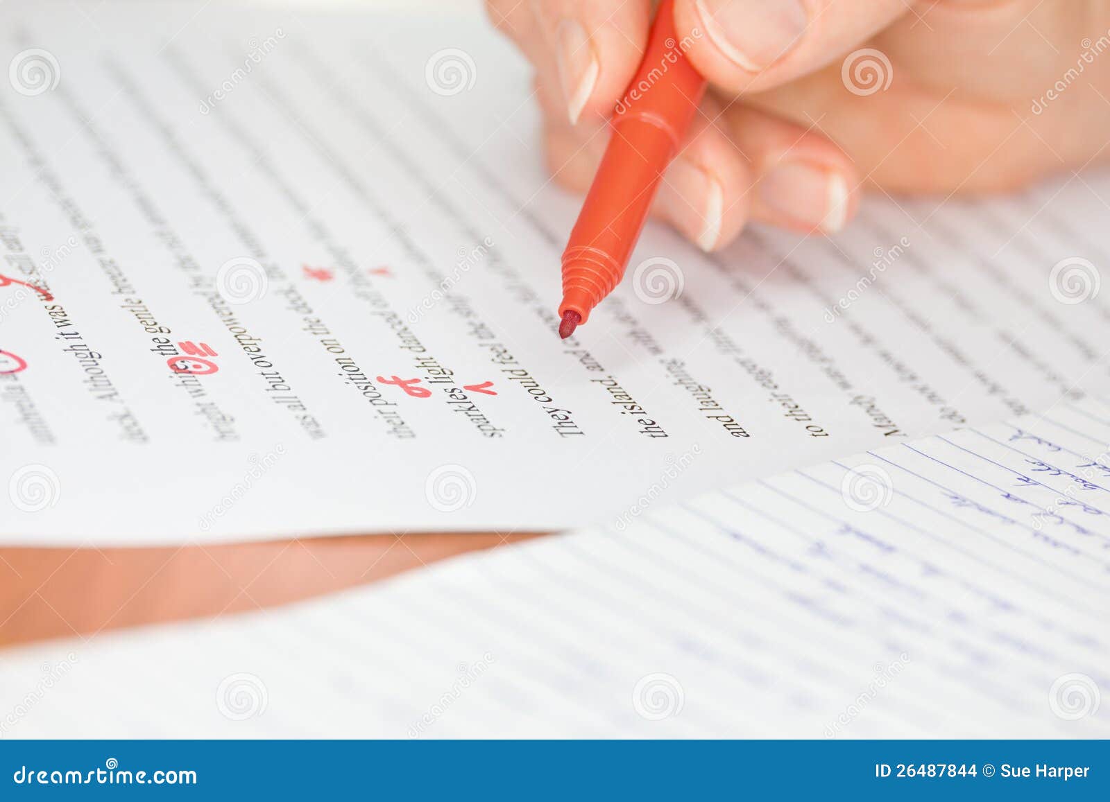 Hand with Red Pen Transcribing a Story Stock Photo - Image of ...