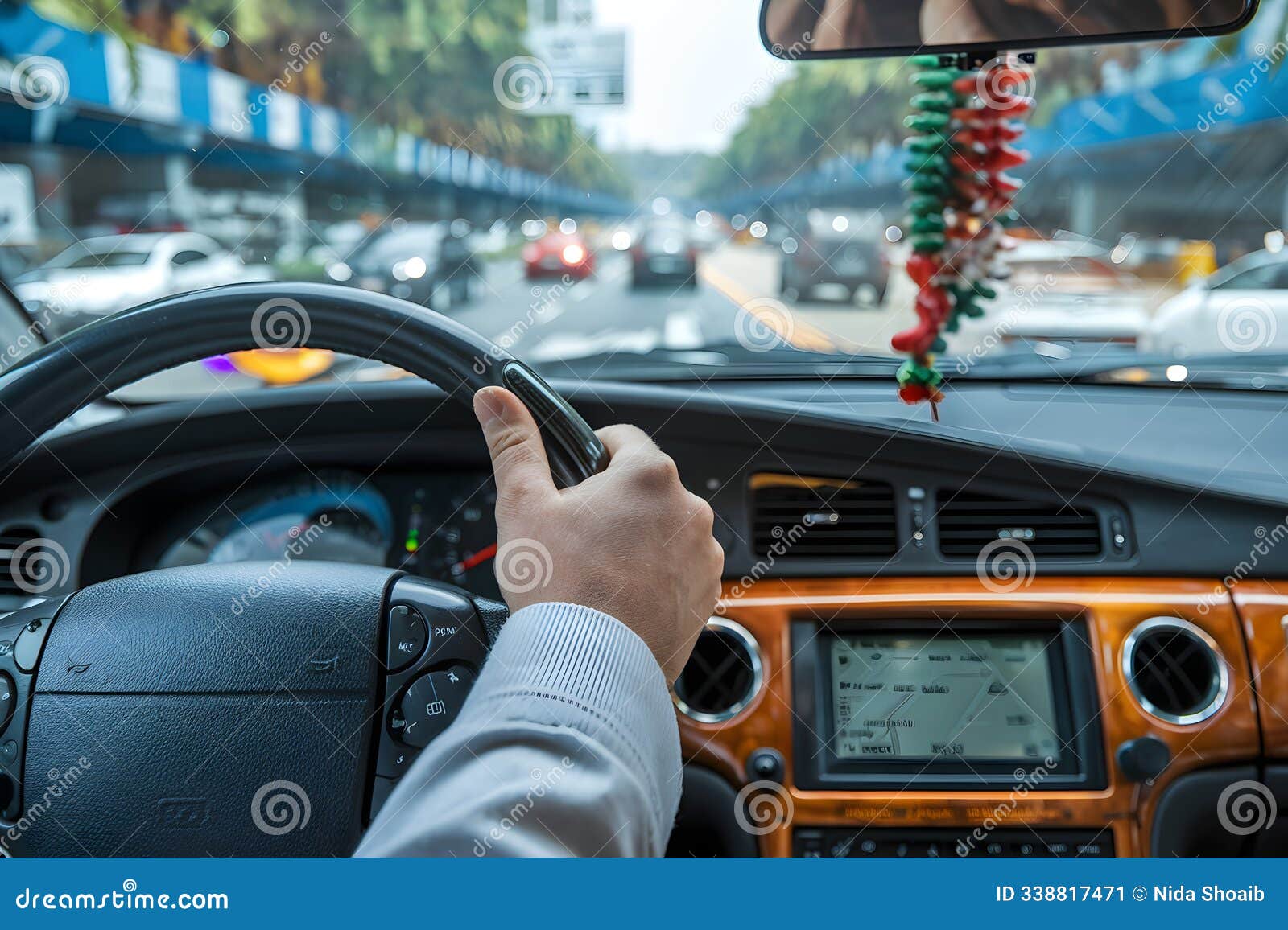Hand in Red Sleeve Presses Steering Wheel, Digital Screen on Dashboard ...