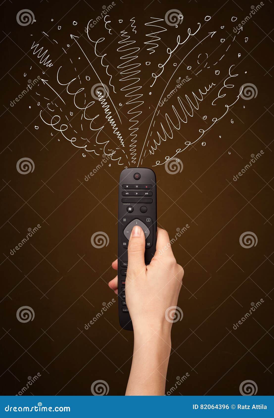 Hand with Remote Control and Curly Lines Stock Photo - Image of ...