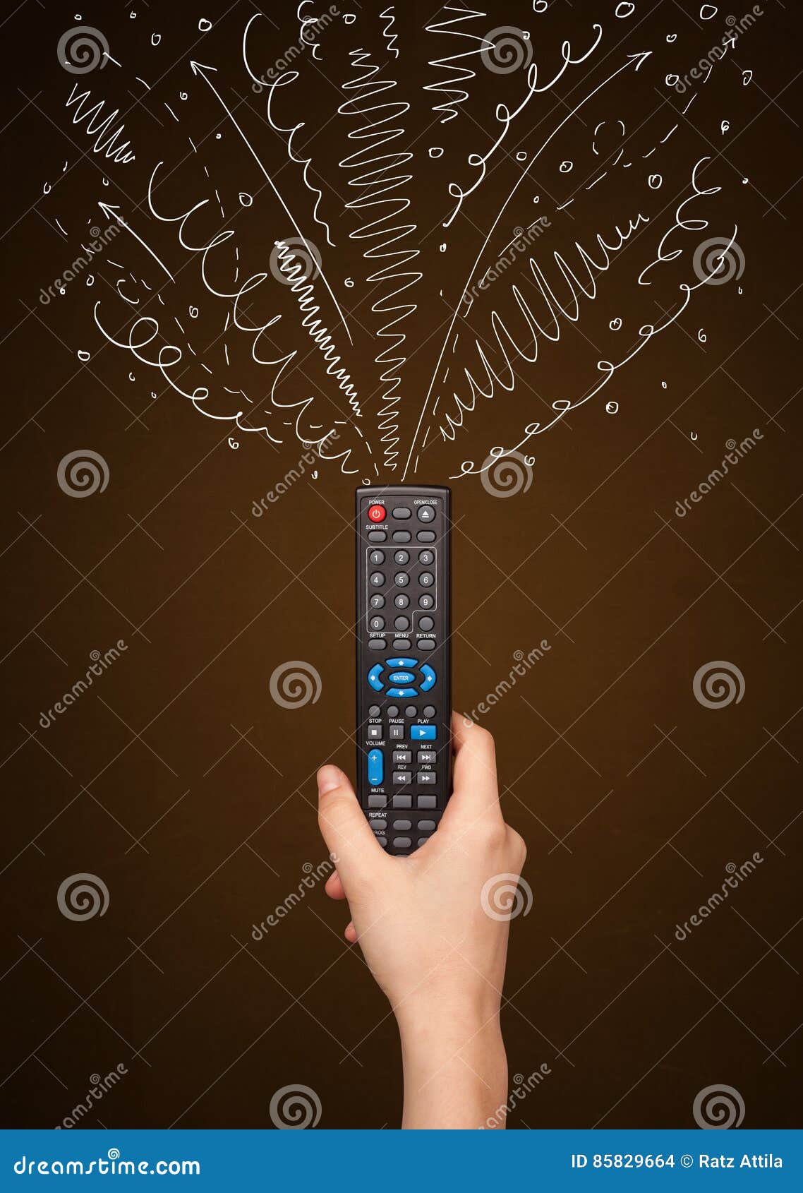 Hand with Remote Control and Curly Lines Stock Photo - Image of ...