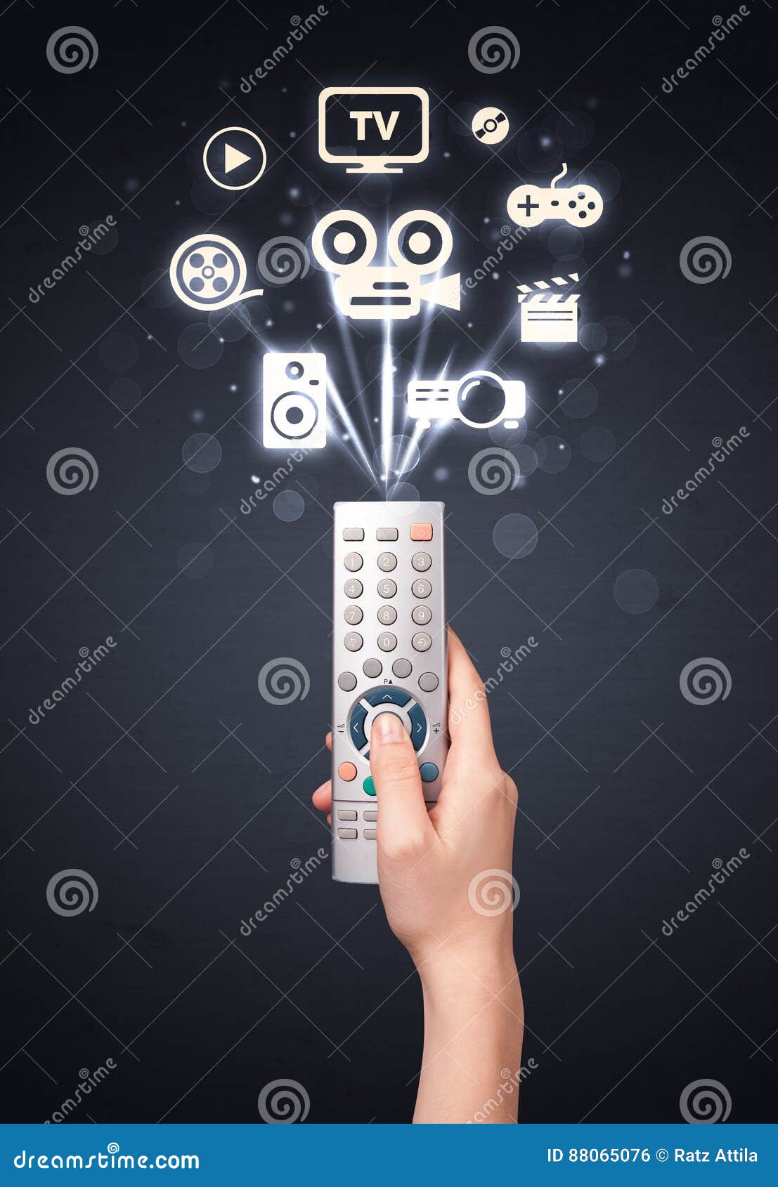 Hand with Remote Control and Media Icons Stock Photo - Image of ...