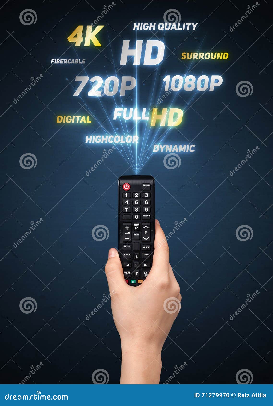 Hand with Remote Control and Multimedia Properties Stock Photo - Image ...