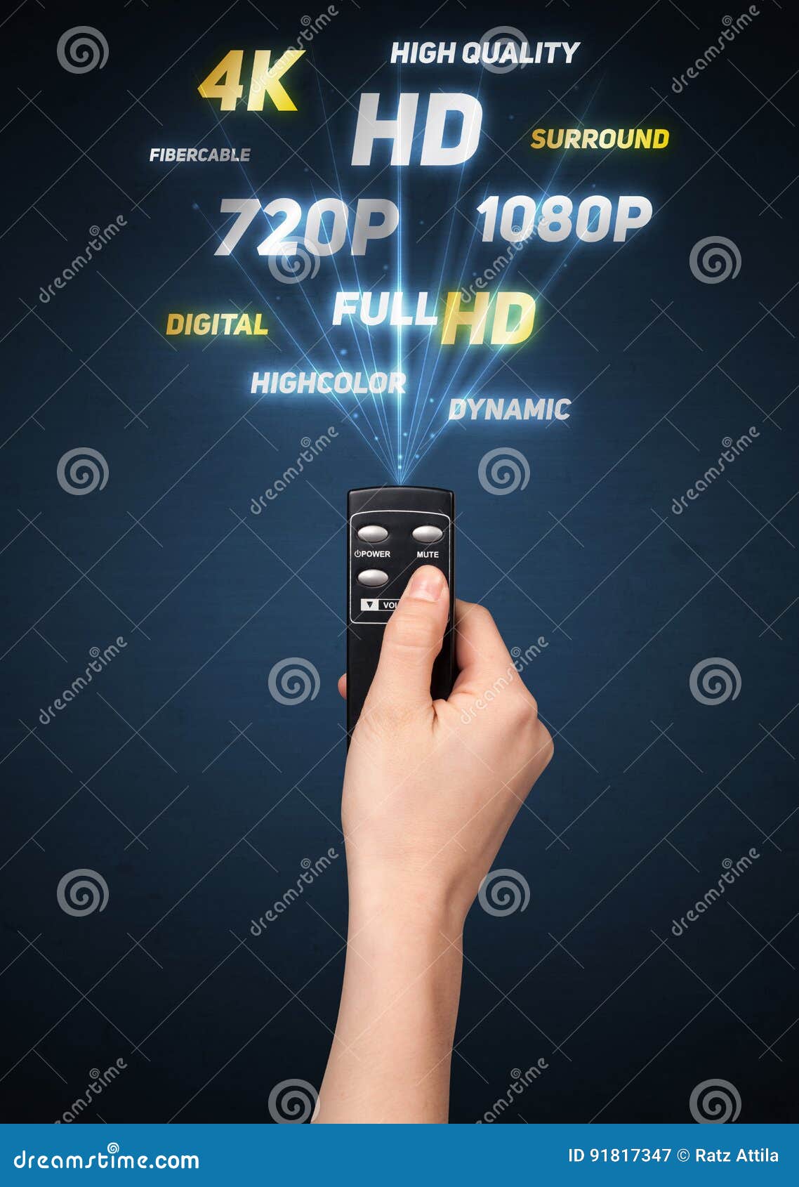 Hand with Remote Control and Multimedia Properties Stock Image - Image ...
