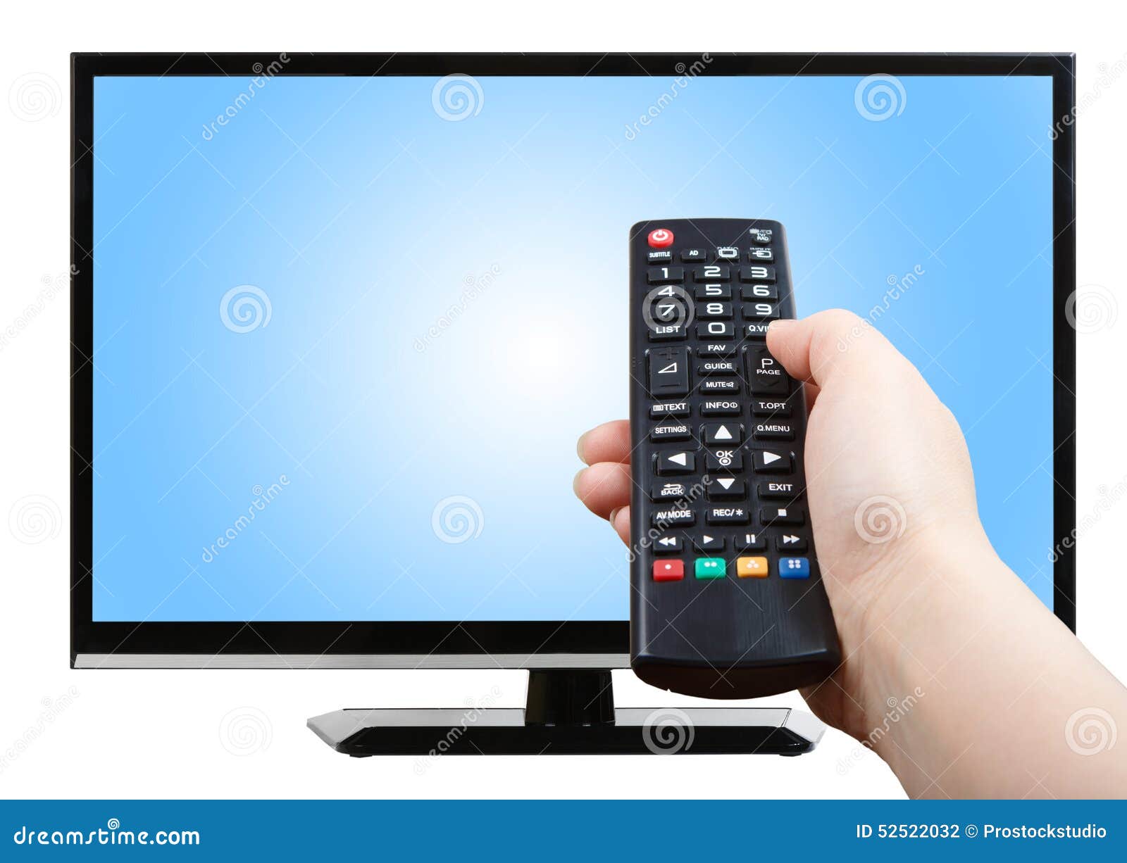 Hand with Remote Control Pointing at Modern TV Set Stock Photo - Image ...