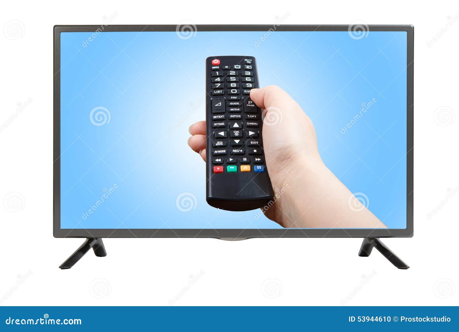 Hand with Remote Control Pointing at Modern TV Set Stock Photo - Image ...