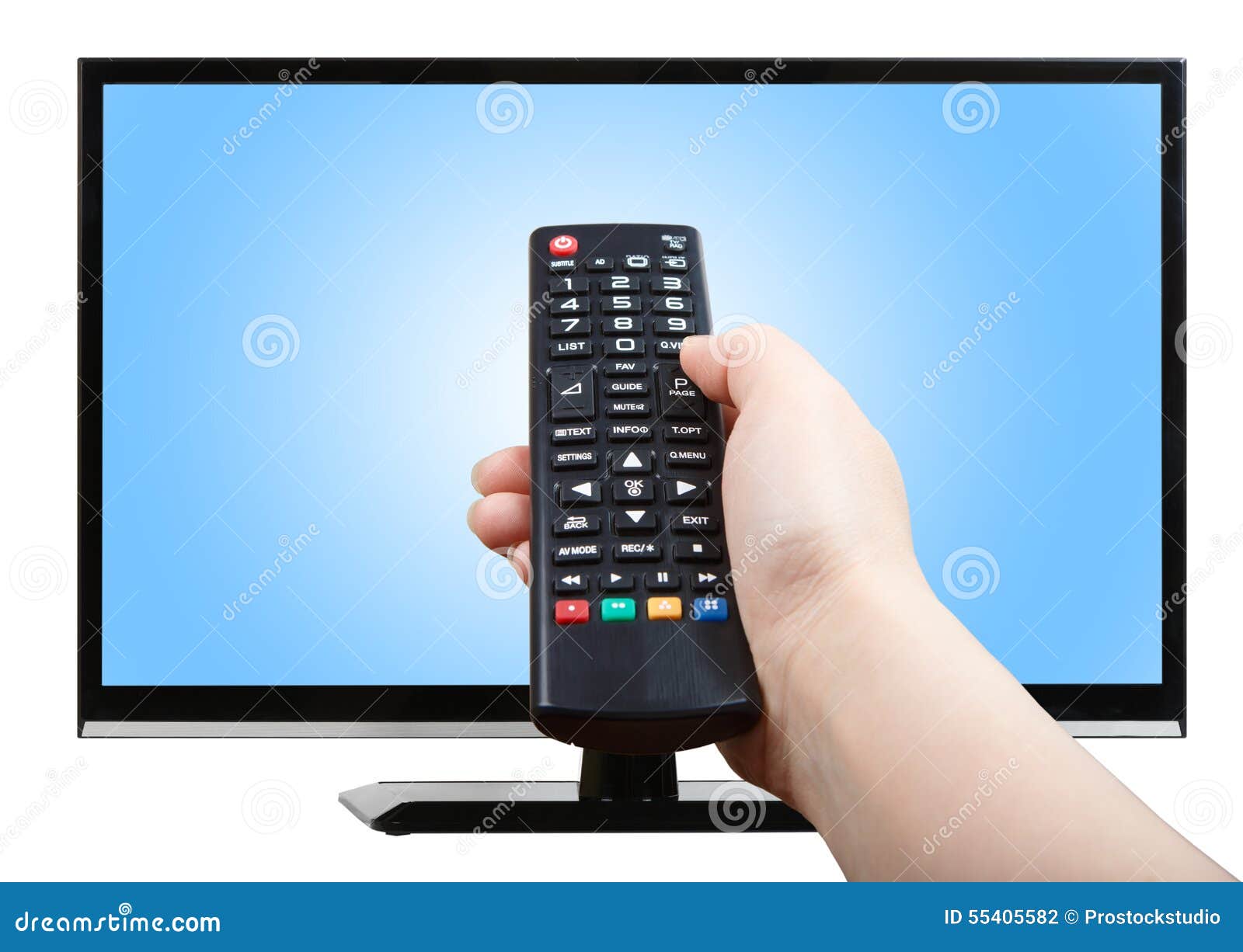 Hand with Remote Control Pointing at Modern TV Set Stock Photo - Image ...