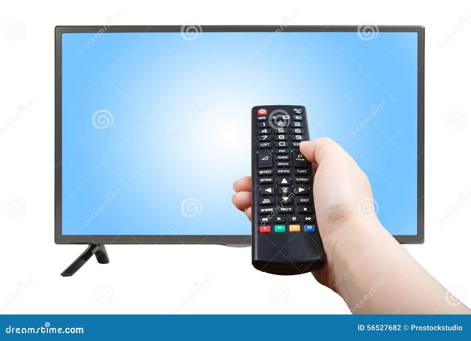 Hand with Remote Control Pointing at Modern TV Set Stock Photo - Image ...