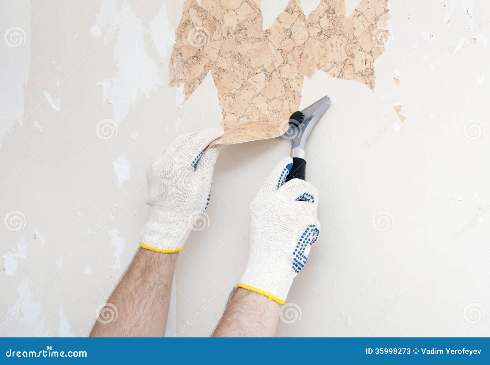 Hand removing wallpaper stock image. Image of plaster - 35998273