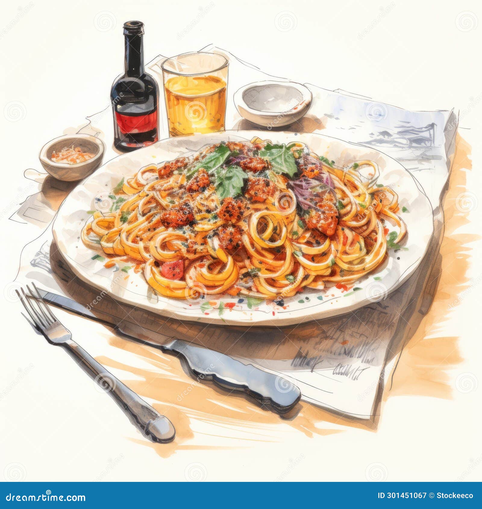 Hand Rendered Illustration of Spaghetti on a Plate Stock Illustration ...