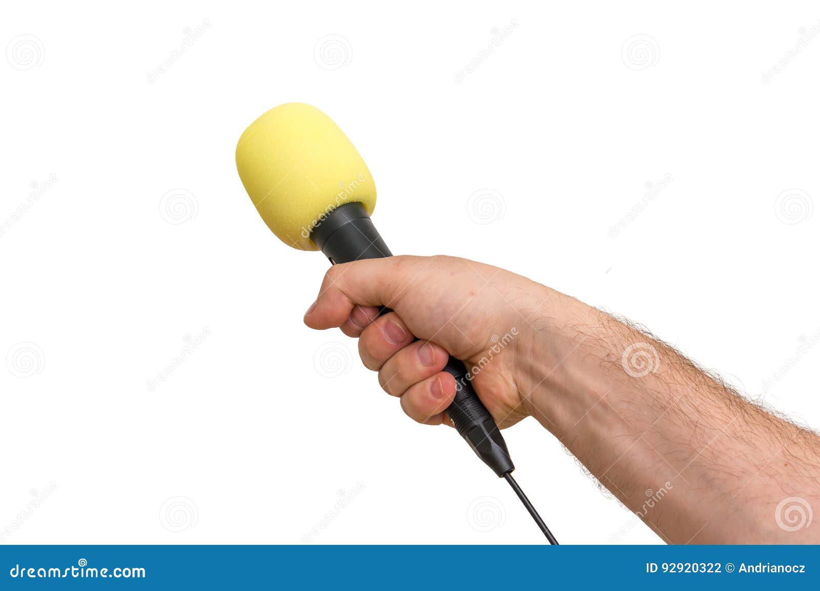 Hand of Reporter with Yellow Microphone on White Stock Photo - Image of ...
