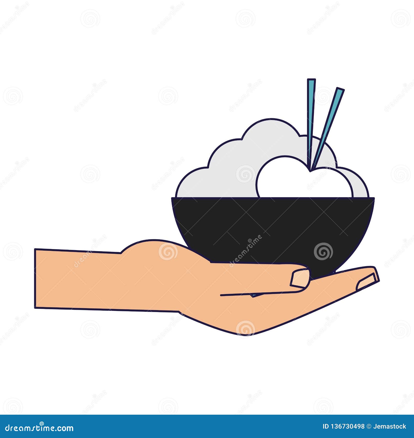 Hand with rice in bowl stock vector. Illustration of diet - 136730498
