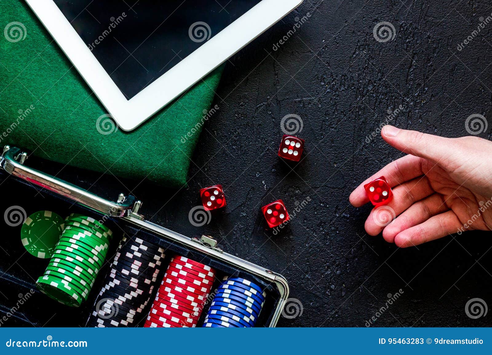 Hand is Rolling the Dice. Poker Set in a Metallic Case, Green Gambling ...