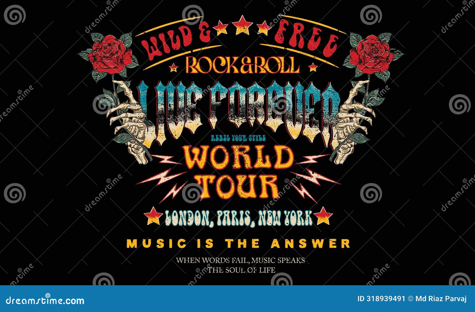 Hand with Rose. Rock and Roll Vector T-shirt Design Stock Vector ...