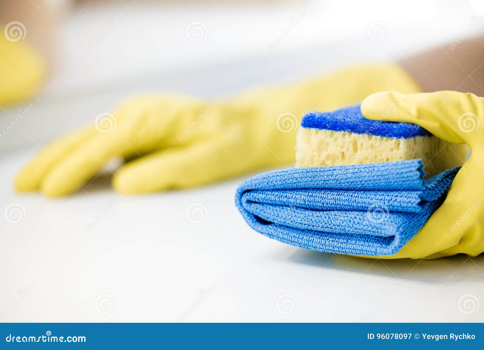Hand in a Rubber Yellow Glove Holding Sponge. Stock Image - Image of ...