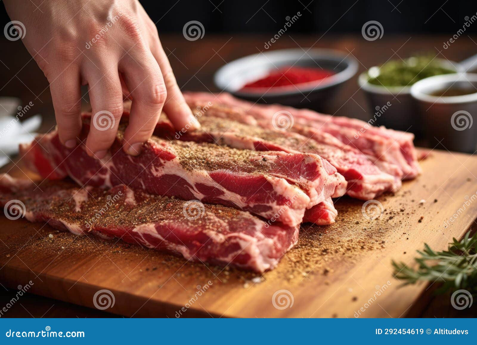 Hand Rubbing Spices on Raw Pork Ribs Stock Image - Image of hand ...