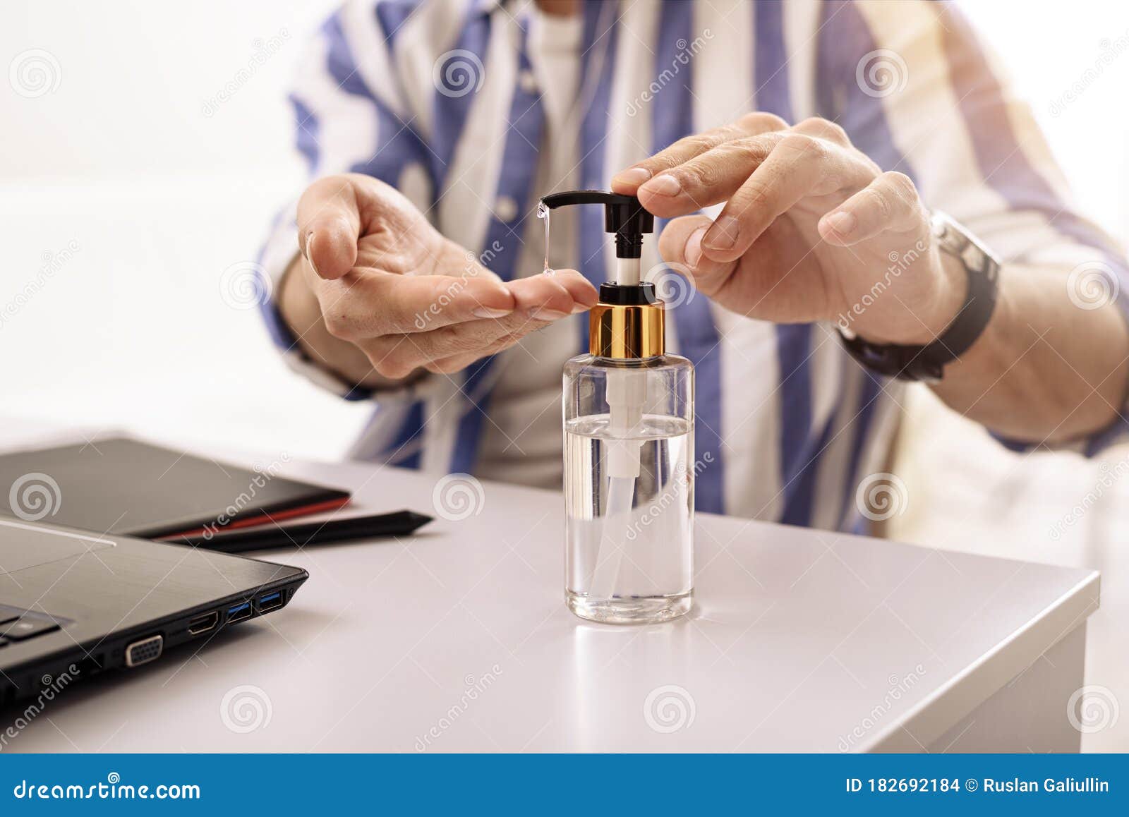 Hand Sanitizer at Desk, Safe Work Concept Stock Photo - Image of laptop ...