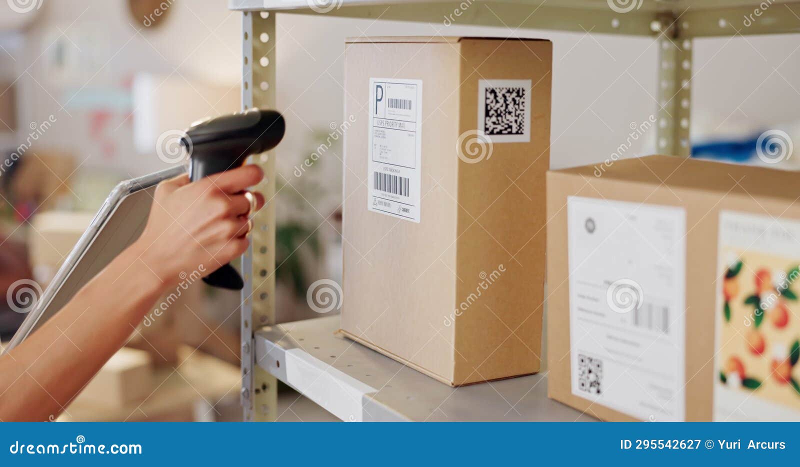 Hand, Scanner and Box with Barcode in Warehouse with Tablet, Inventory ...
