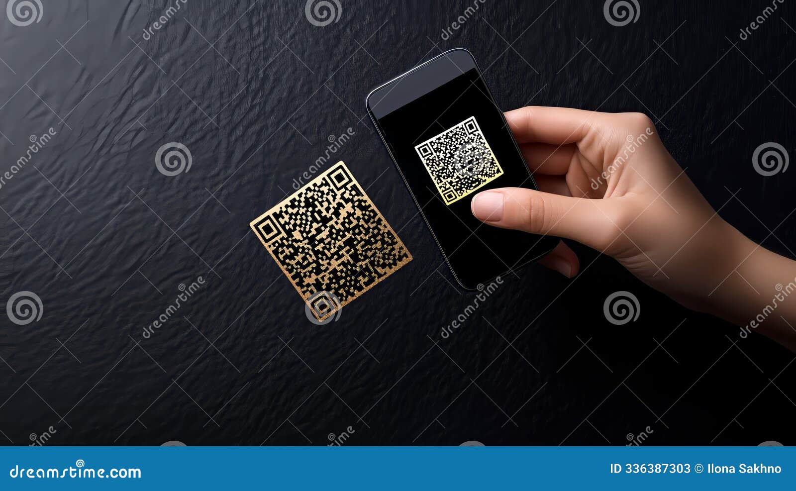 Hand Scanning Golden QR Code with Smartphone Stock Illustration ...
