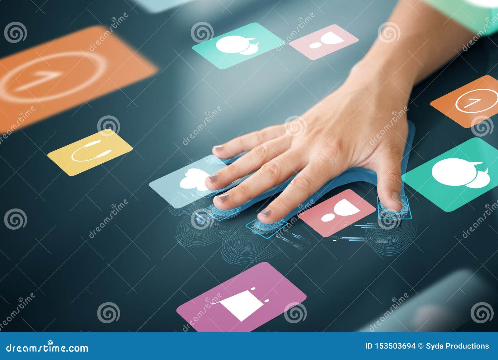 Hand Scanning on Touch Screen with App Icons Stock Photo - Image of ...