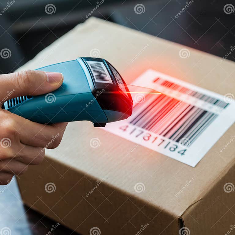 Hand Scans a Barcode on a Sealed Cardboard Box with a Barcode Scanner ...