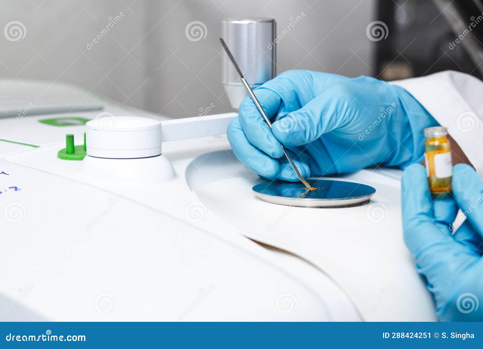 Hand of the Scientist Using a Stainless Spatula To Scoop Sample Solid ...