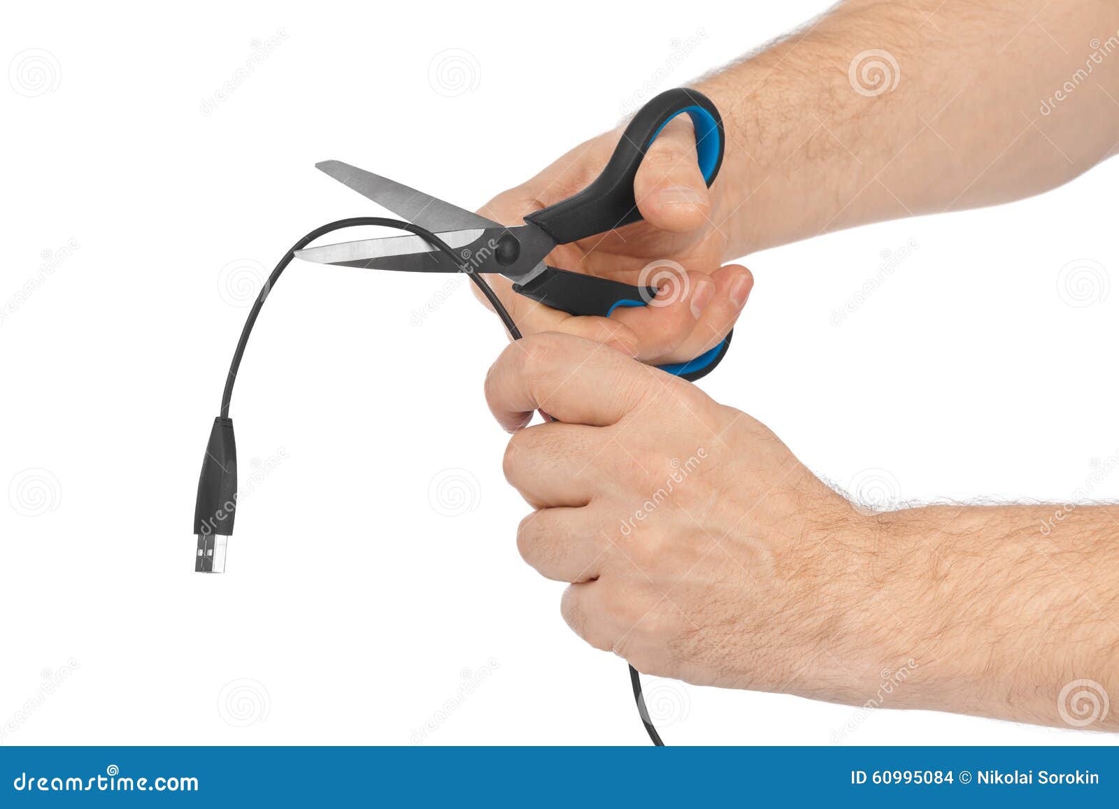 Hand with Scissors and Computer Cable Stock Photo - Image of ...