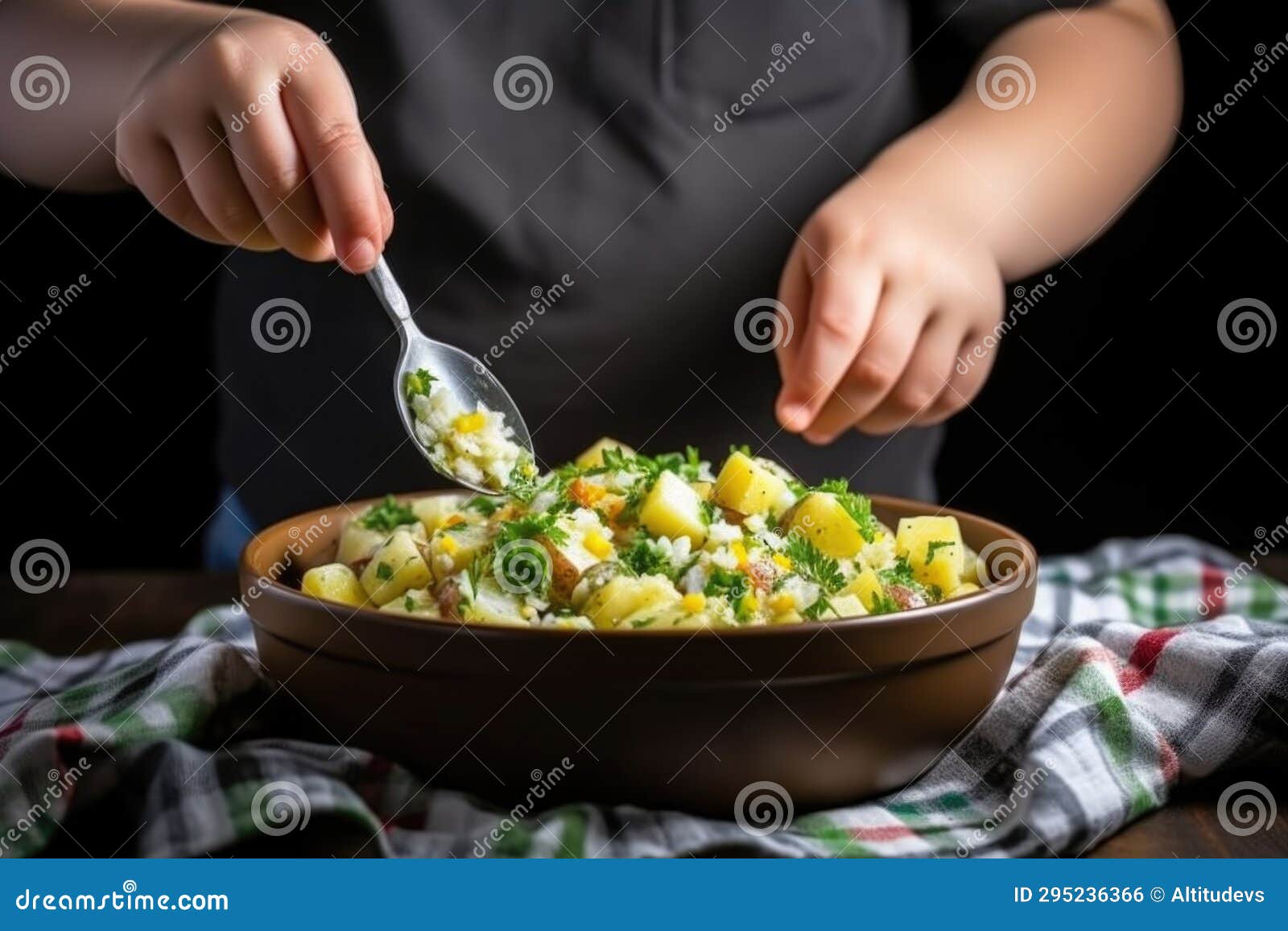 Hand Scooping Up Potato Salad with a Ceramic Spoon Stock Photo - Image ...
