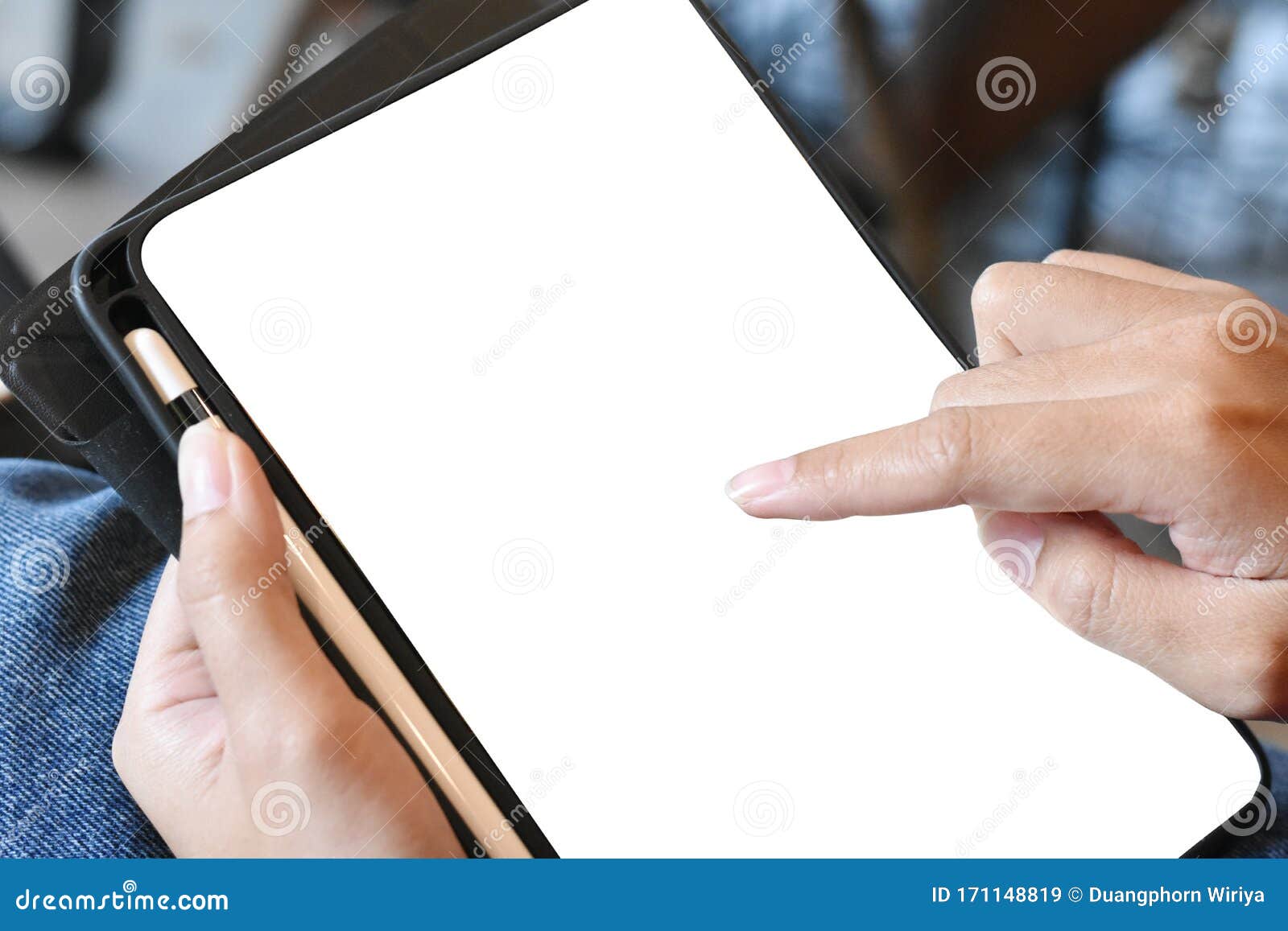 Hand Scrolling Feed on Tablet Mock-up Stock Image - Image of blank ...